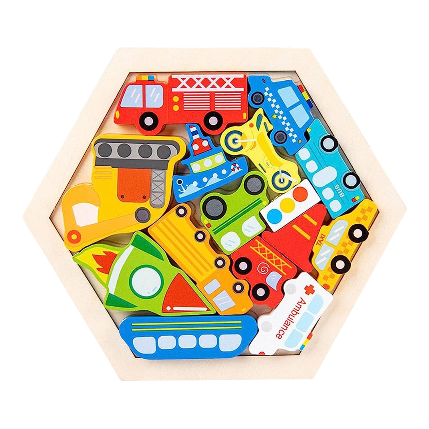 10 Pieces Transportation Shapes 3D Wooden Stacking Hexagonal Puzzle ...