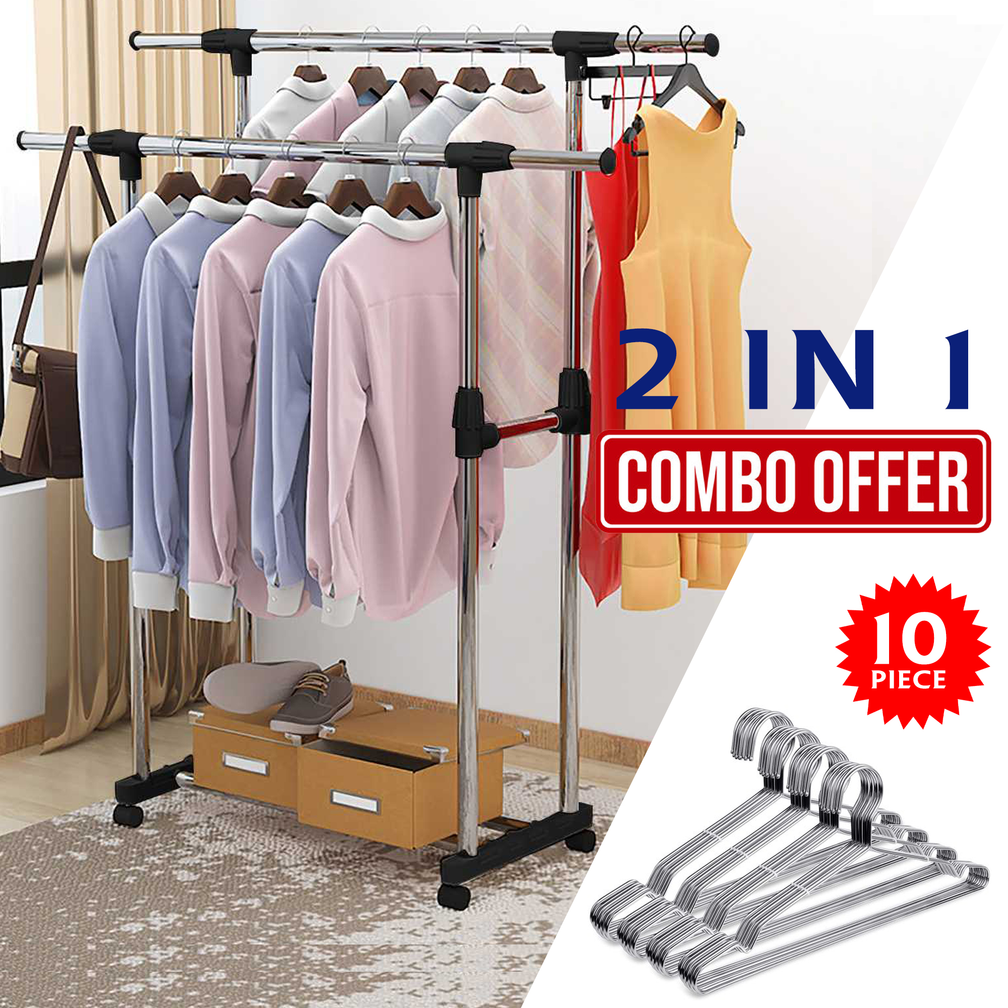 Adjustable Clothes Rack with Wheels - Single/Double Rods, Coat Shelf ...