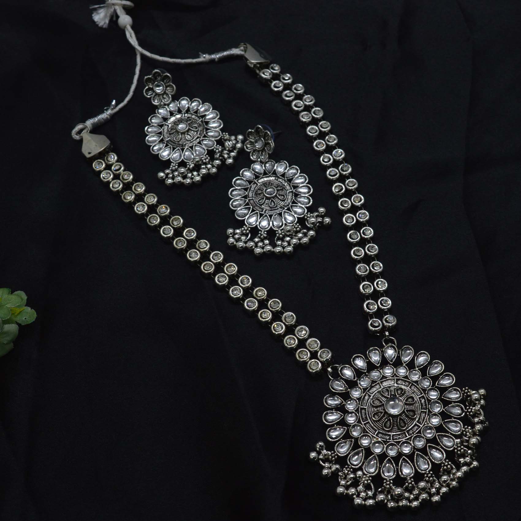 Jewels of Nepal Silver Oxidized Stone Studded Long Necklace & Earrings ...