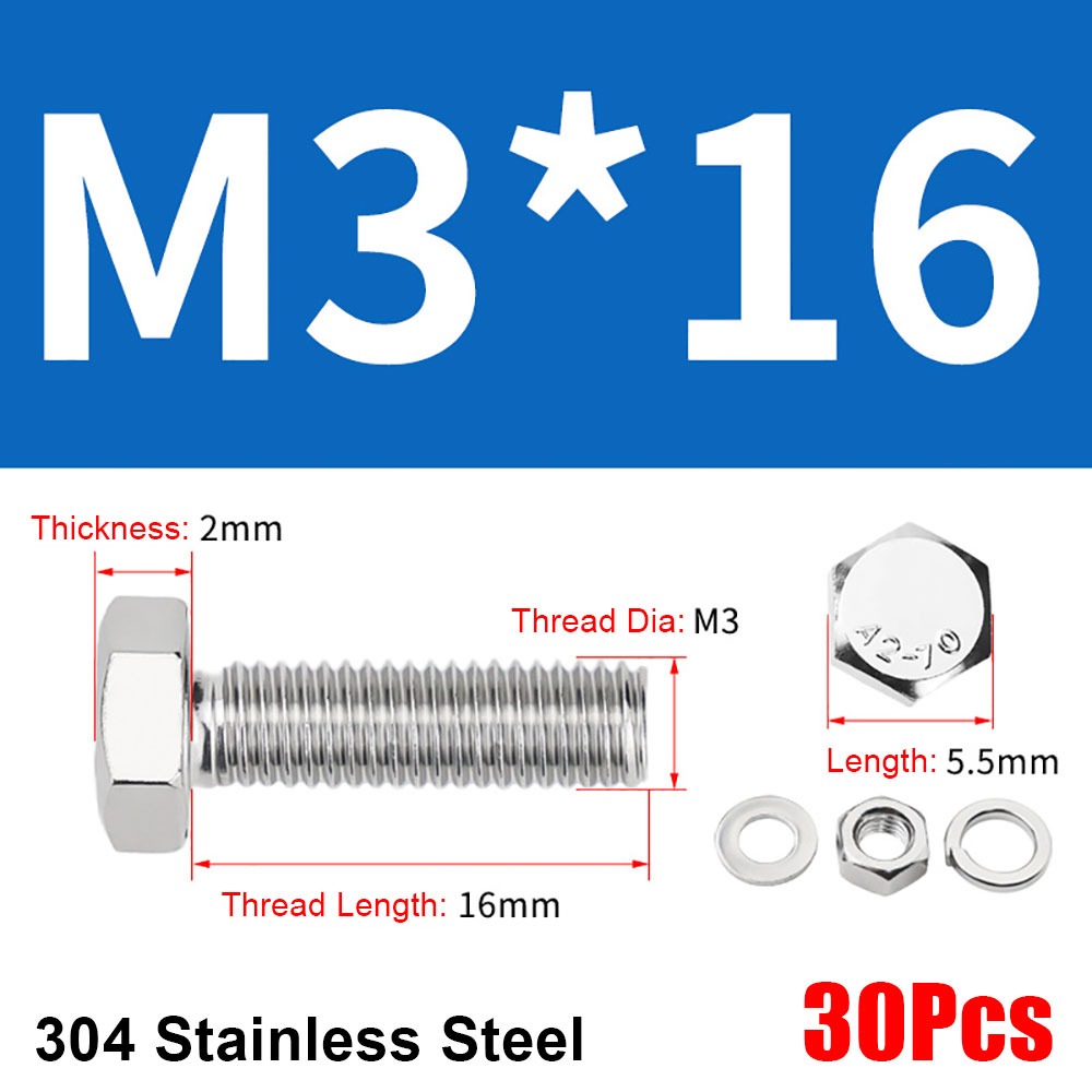 30/50Pcs Durable 304 Stainless Steel Hexagon Bolts Nuts Hex Flat Head ...