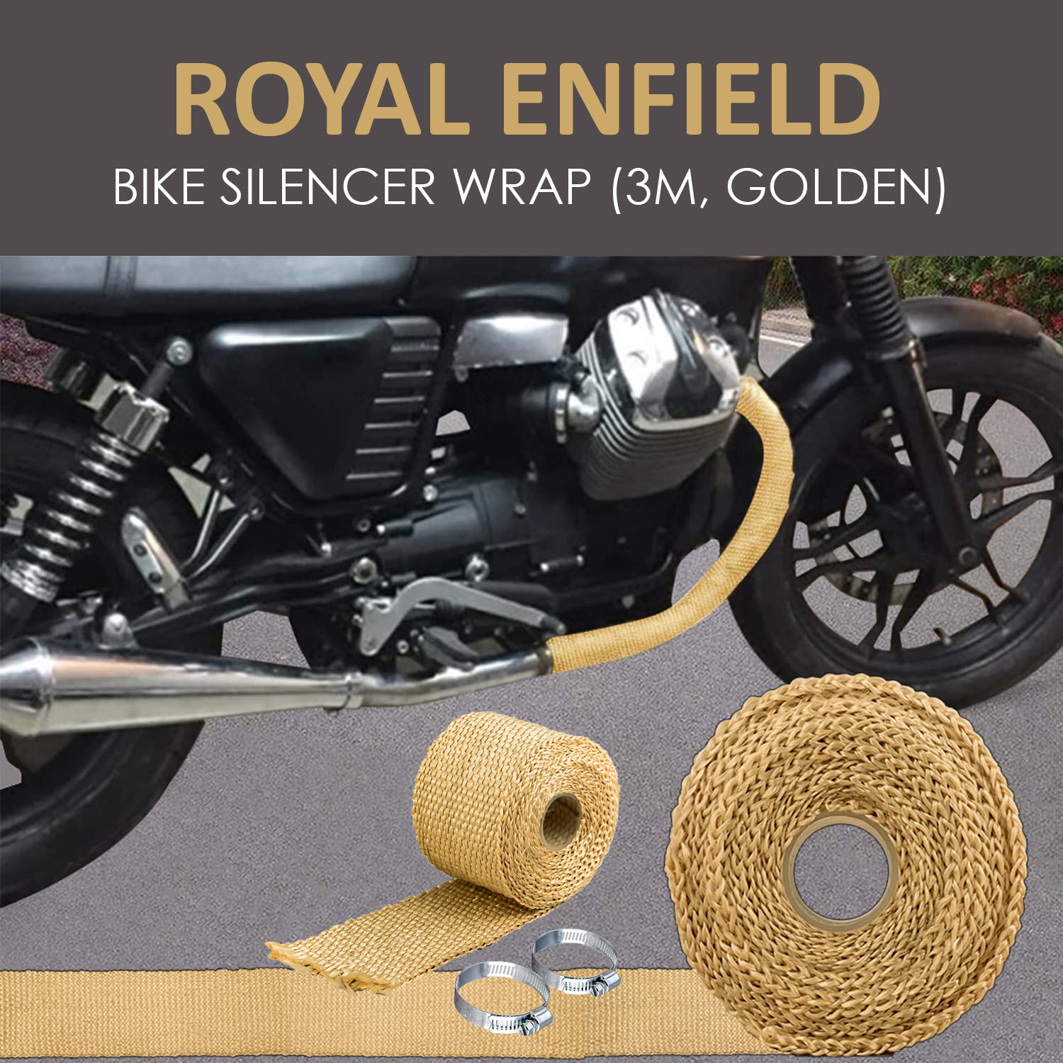 Royal Enfield Silencer Wrap Rope Golden - 8 Ft. Fully cover Black with ...
