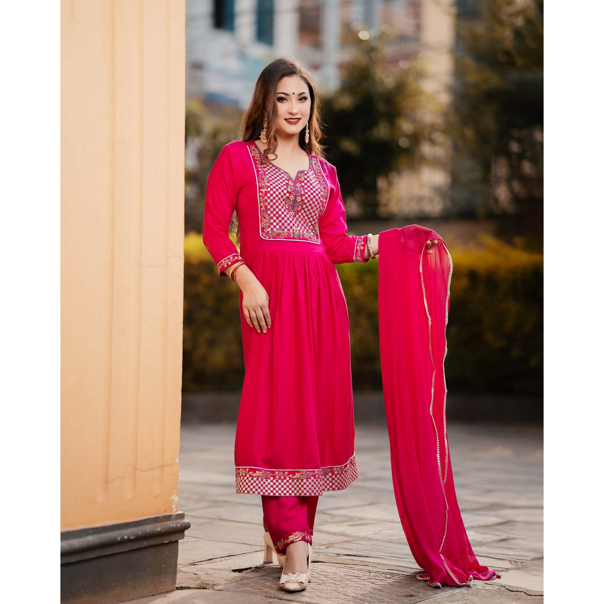 Pink Side Slit Kurti With Pant And Shawl Set For Women From Aaliya Collection | Daraz.com.np
