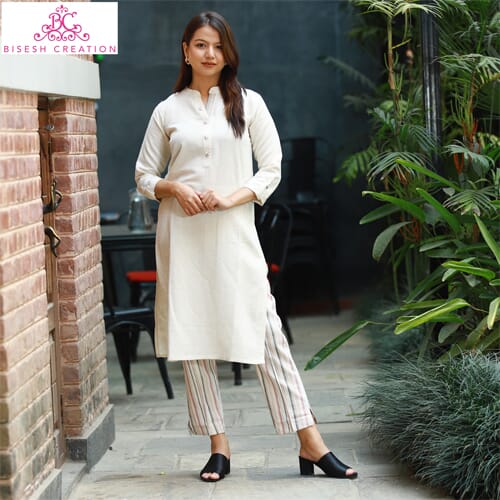 Bisesh Creation Off White /Brown Linen Kurti and Pant Set For Women ...