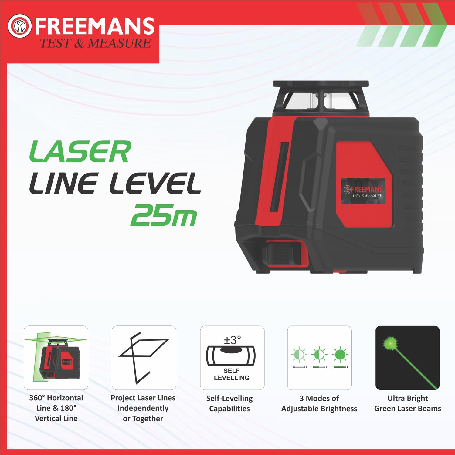 FREEMANS PRO-LL25 Test & Measure Green Beam Self Levelling 25m Cross ...
