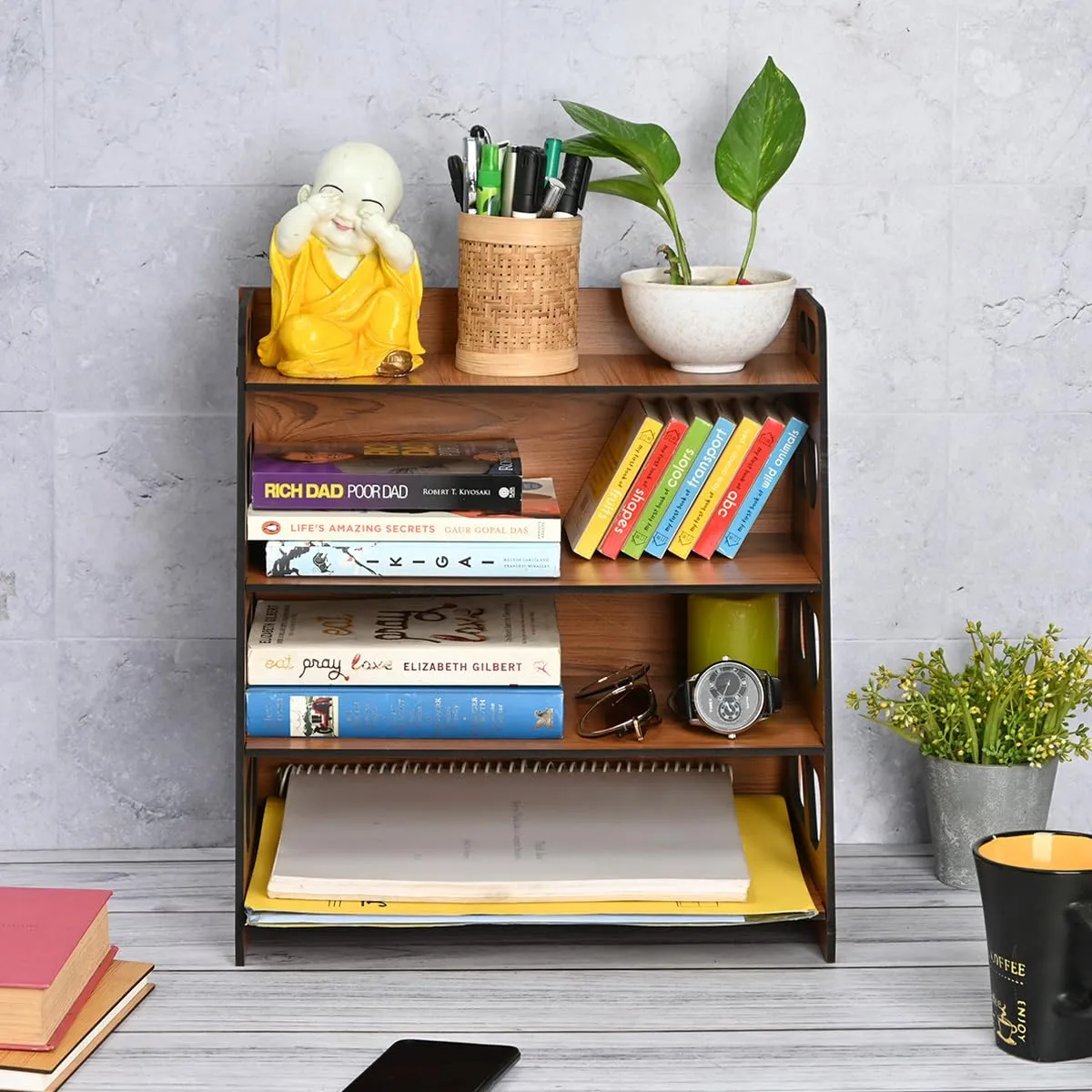 Multilayer Rack 4 Layer Wooden Book Stand Table Top Multipurpose ...