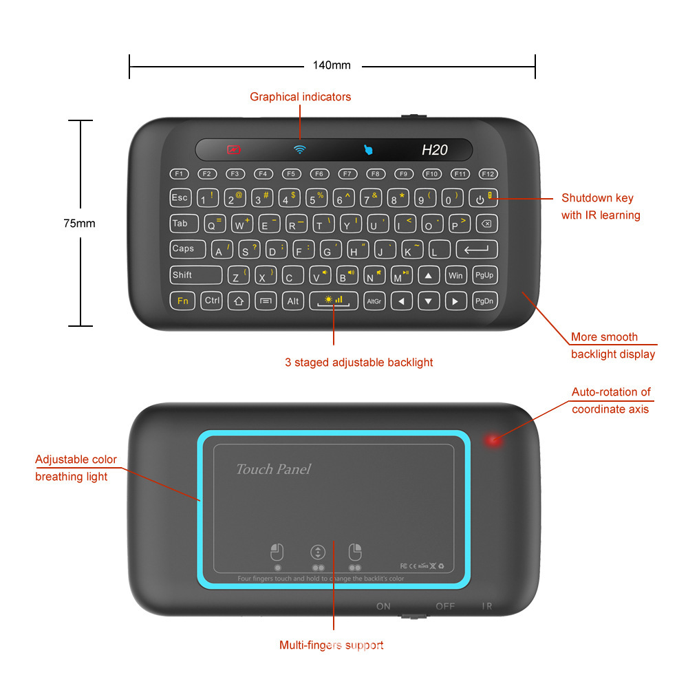 H20 Mini Backlit Keyboard Wireless Touchpad Mouse Double Sided Keyboard ...