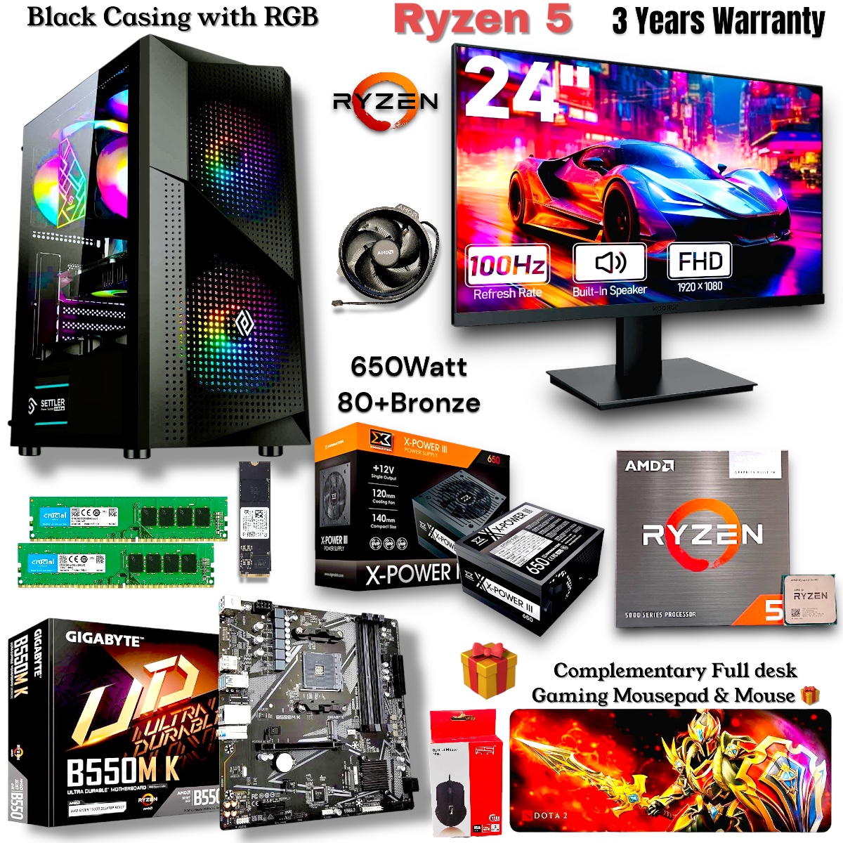 Gaming PC Full Setup Ryzen 5 5600GT/ 100hz 24" 1ms 100%Srgb Gaming ...