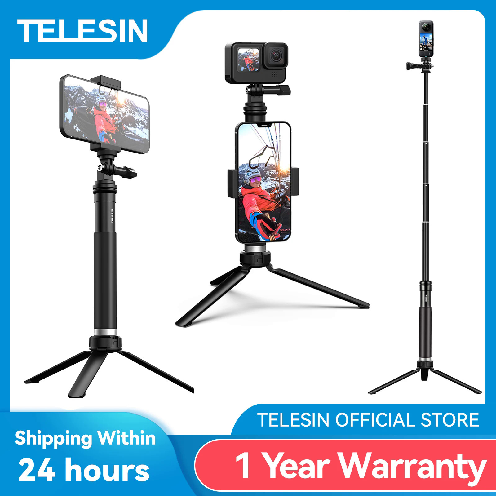 TELESIN Aluminum Alloy Selfie Stick Extendable Handheld Telescope Pole ...