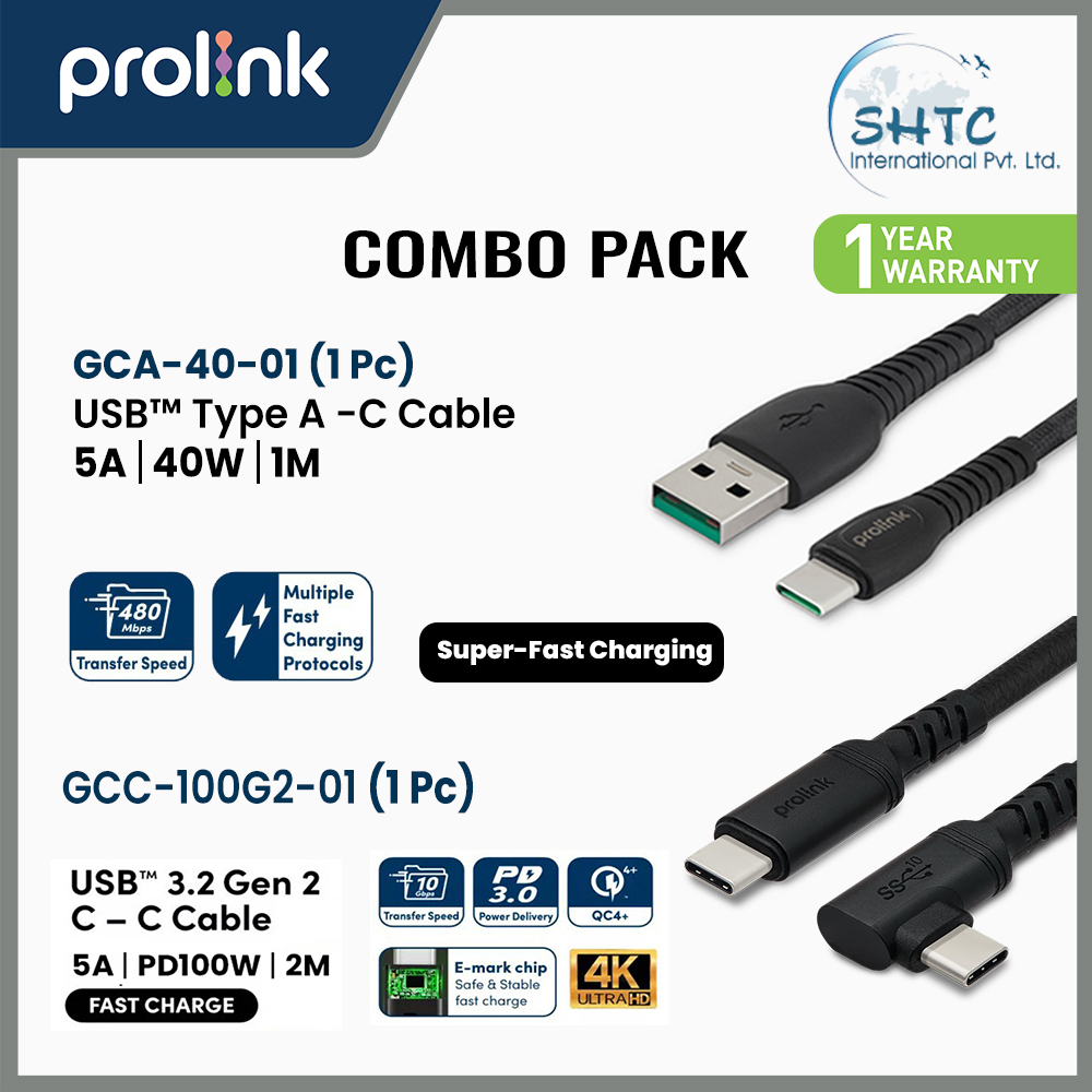 Prolink Combo Pack E-Mark Chip 100W USB C-C PD USB 3.2 Nylon Braided 2M ...