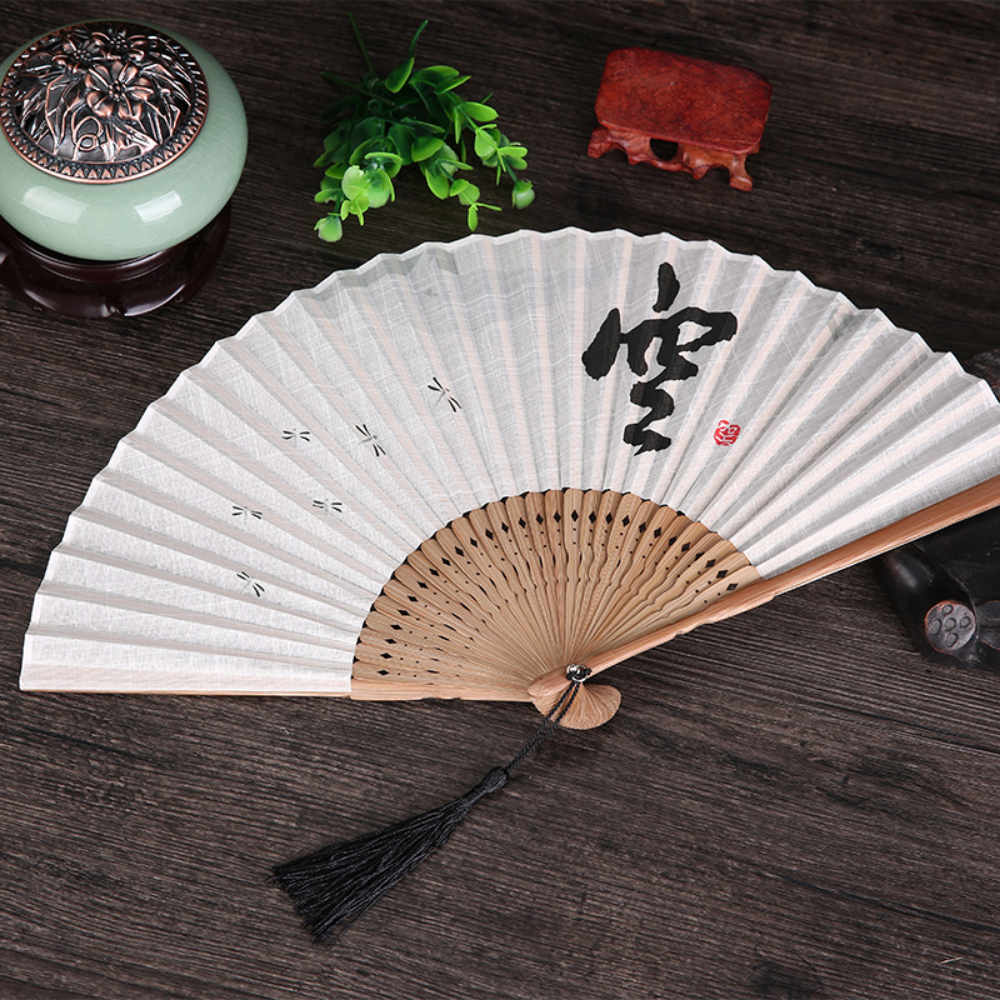 Bamboo Handle Folding Fan Traditional Fringe Cotton Linen Embroidery ...