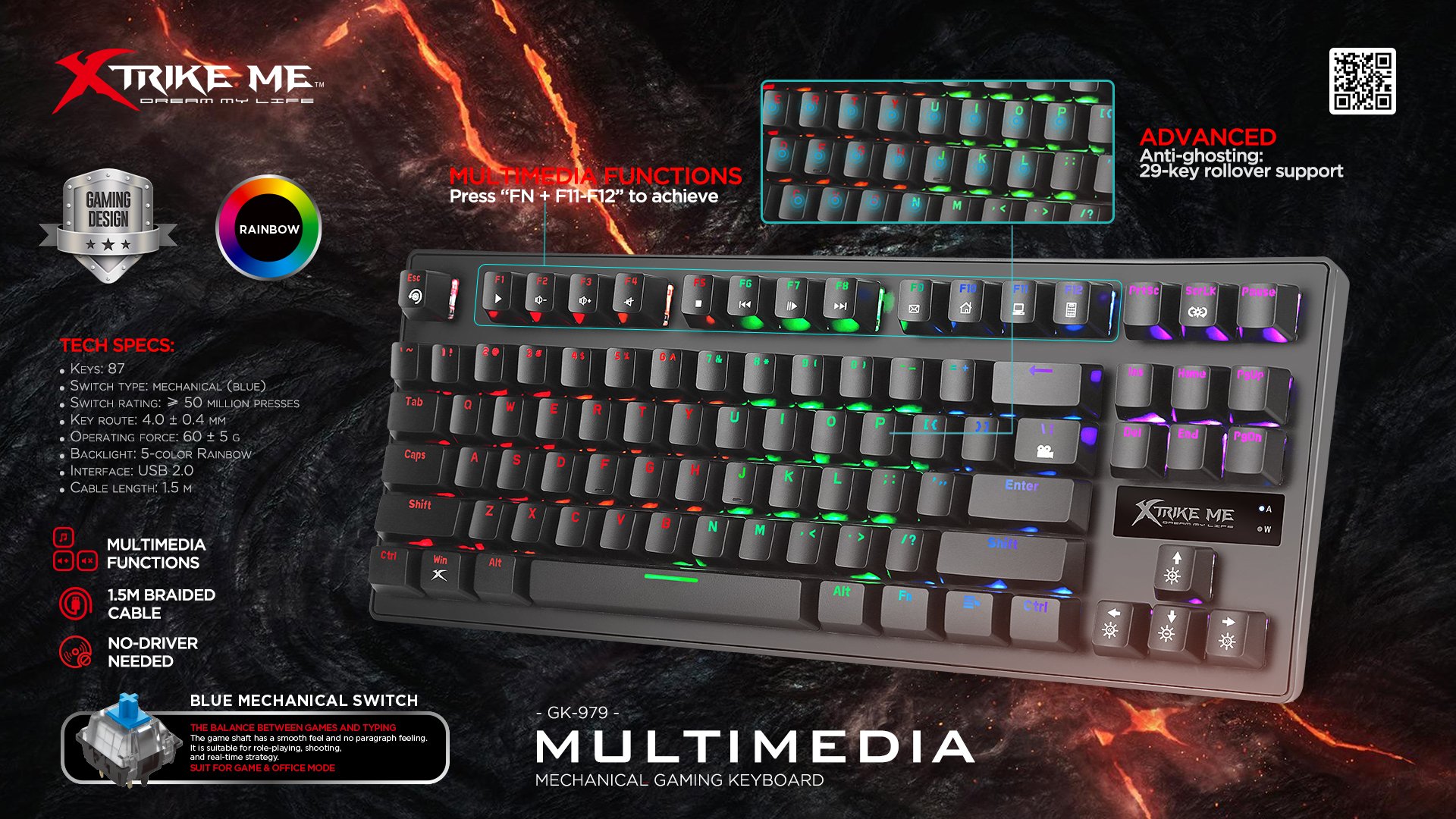 Xtrike Me GK-979 Mechanical Gaming Keyboard Rainbow Backlit 87 Keys ...