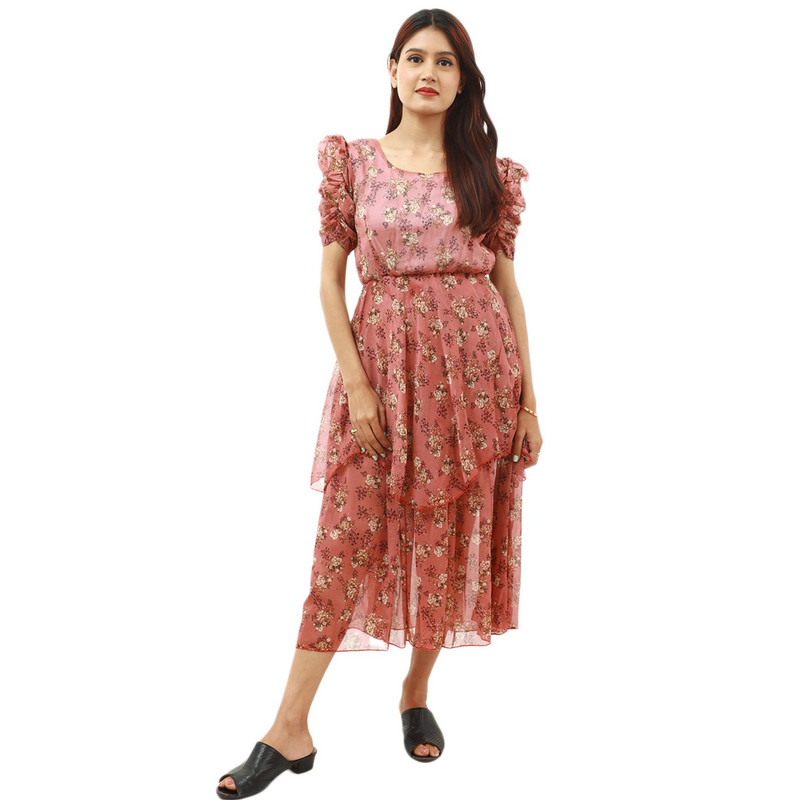 Pink Chiffon Full Sleeve Flower Printed Dress For Women | Daraz.com.np