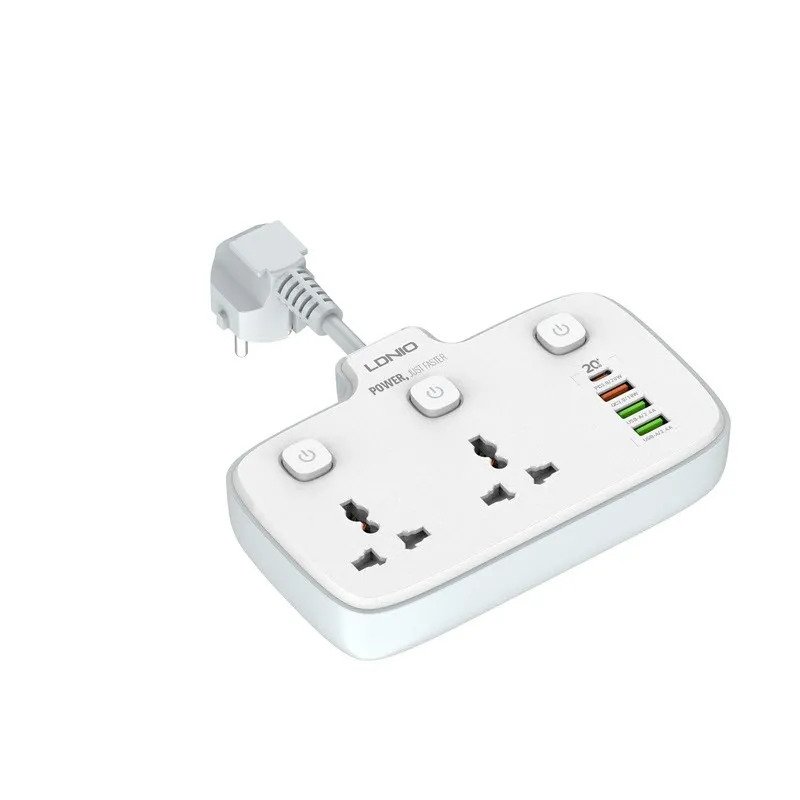 Ldnio (SC2413) 2 Universal Outlets Wall Power Socket 2500W with 1PD, 1 QC3.0 and 2 Auto-ID USB ...