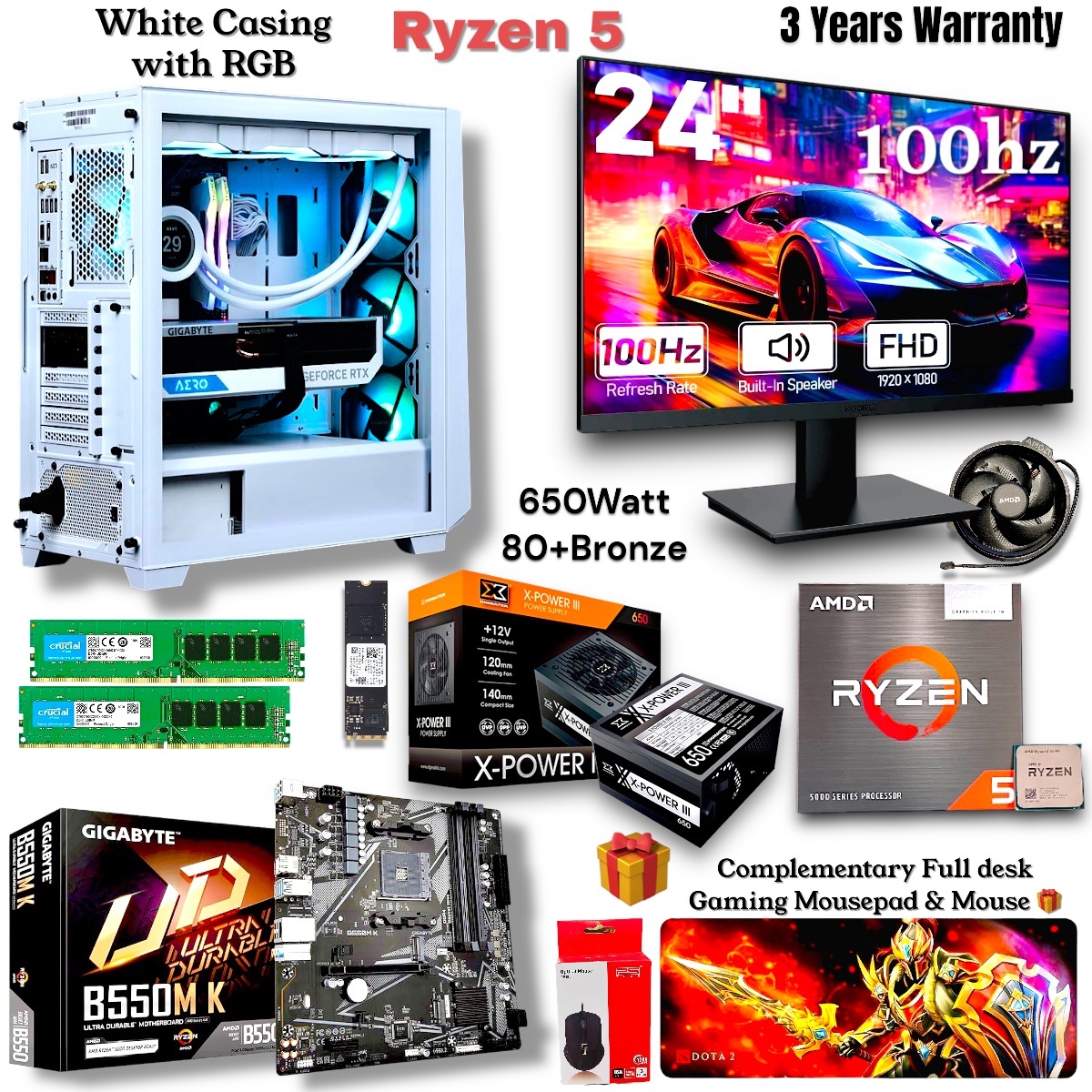 White Gaming PC Full Setup Ryzen 5 5600GT/ Koorui 100hz 24" 1ms 100%Srgb Gaming Monitor/ 16GB ...