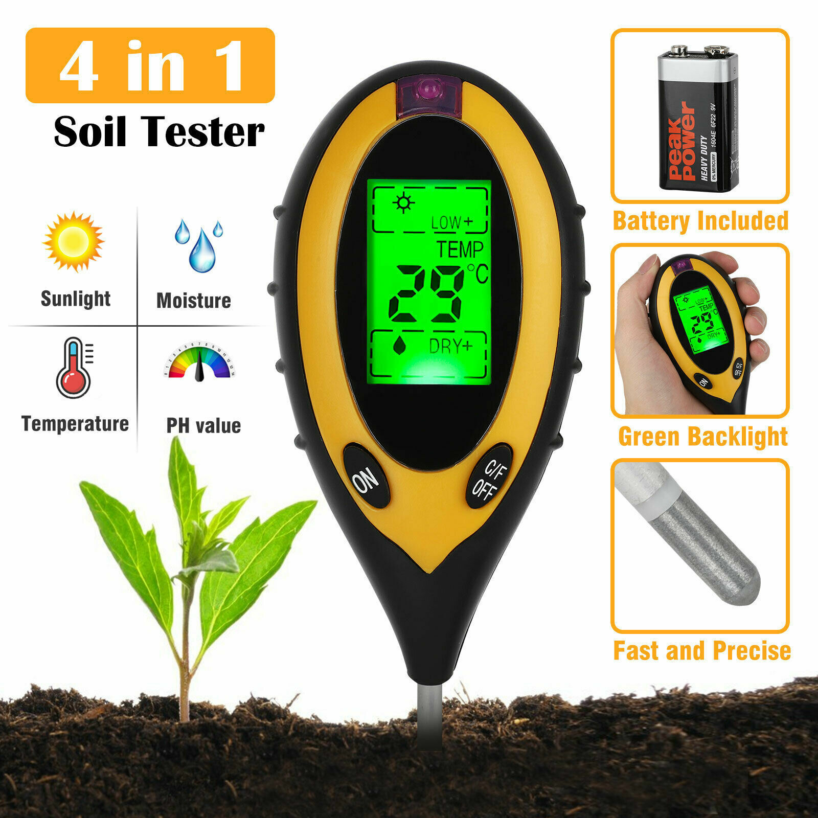 4 In 1 Digital Soil Tester, PH Meter, Soil Temperature, Light ...