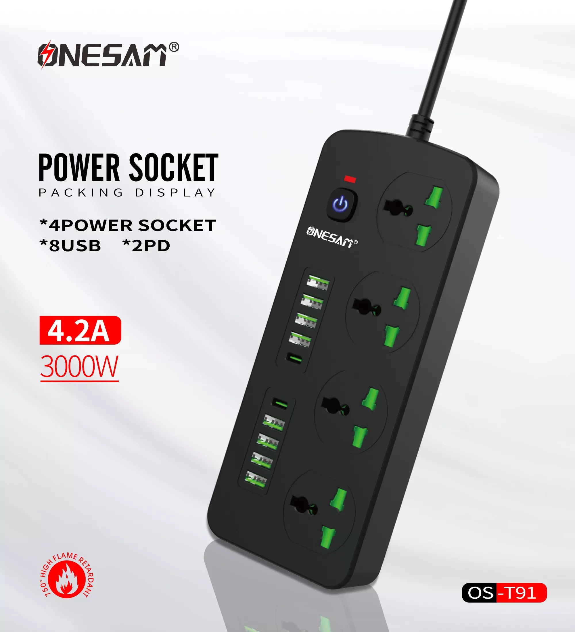 ONESAM OS-T91 Power Socket Charger 8 USB-A Output / 4 Universal Socket / Rated Power 3000W / UK ...