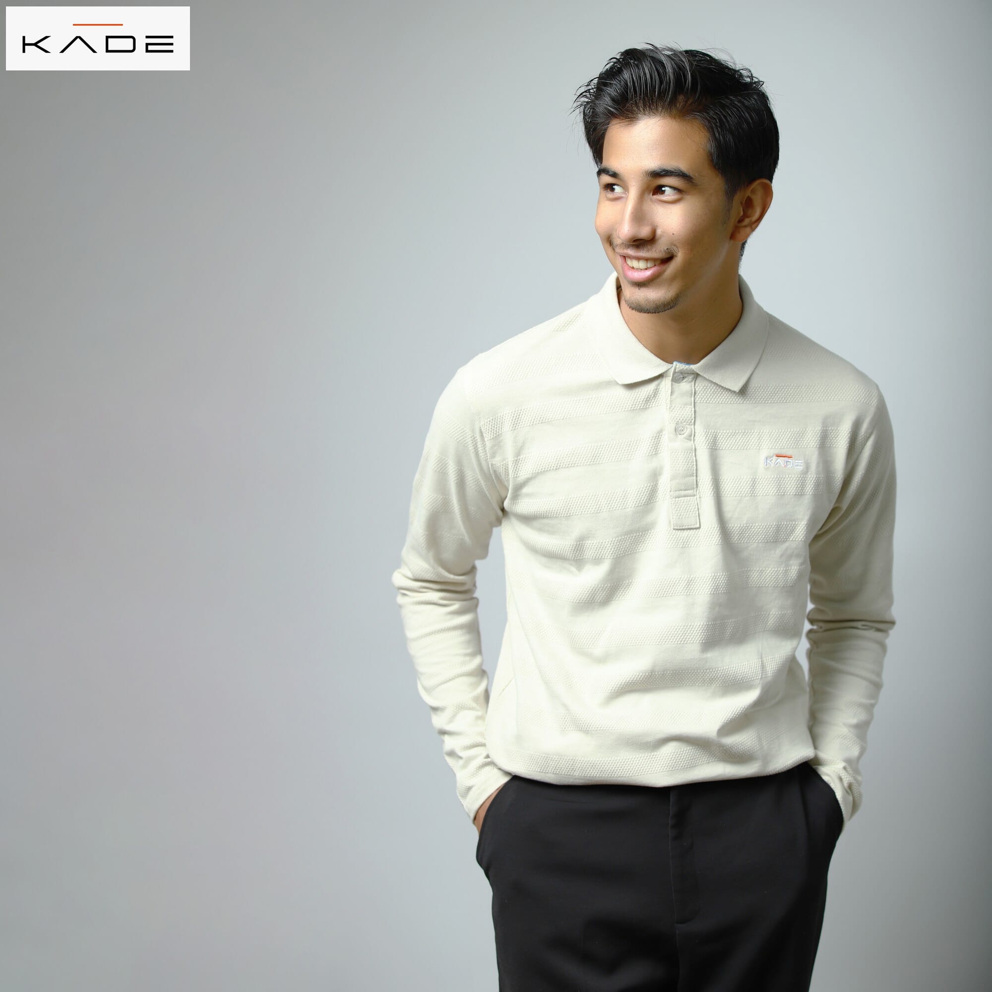 KADE Off-White Long-Sleeve Textured Polo Shirt For Men | Daraz.com.np