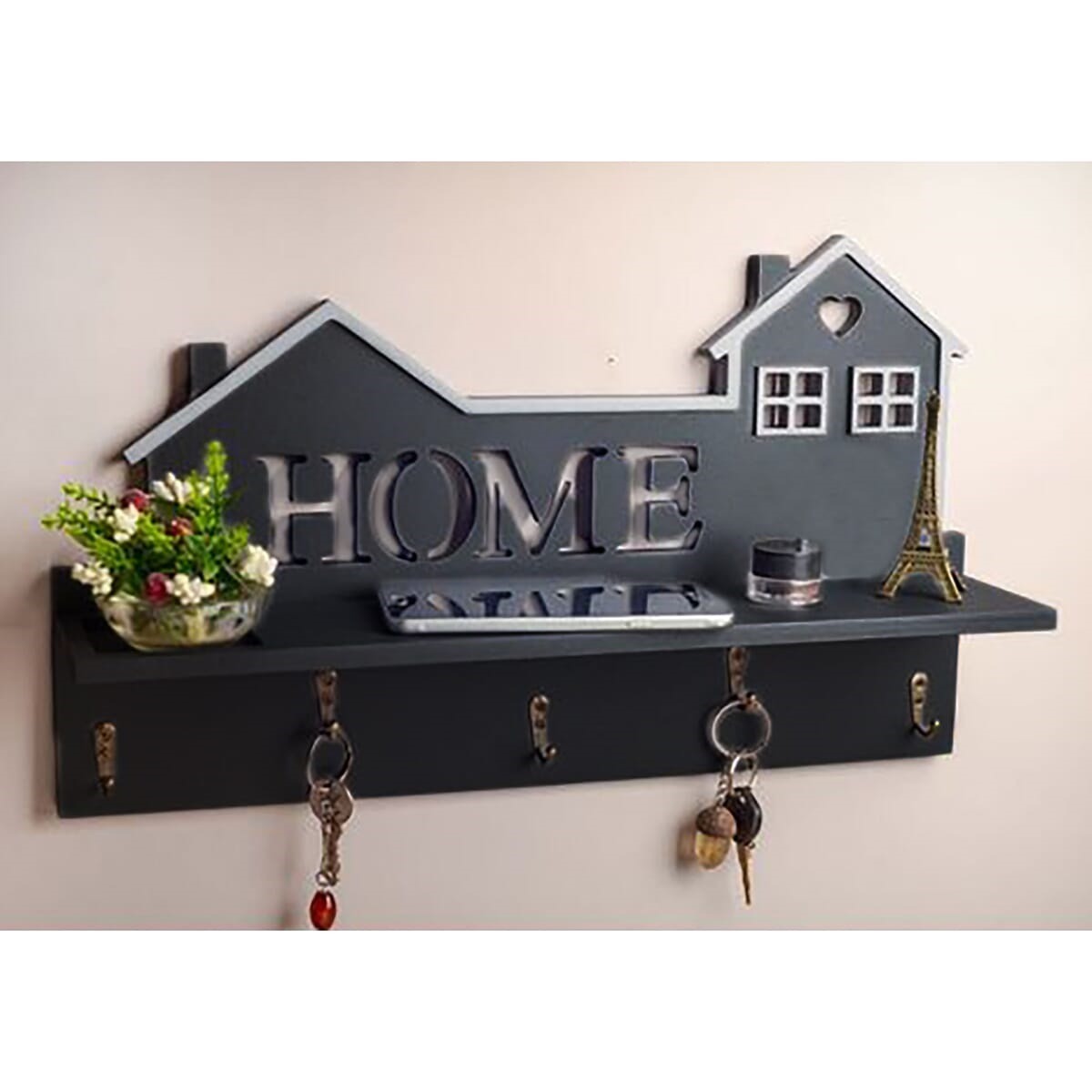 Aeromax Beautiful Home Wooden Wall Self 5 Hook Key Holder In Matt Black ...