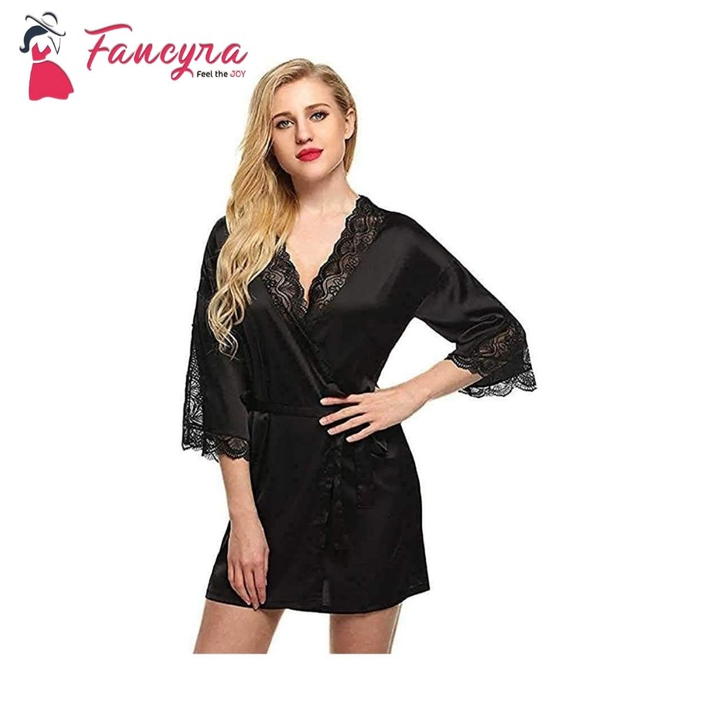 Fancyra Black Robe Night Dress For Women With Lace | Daraz.com.np