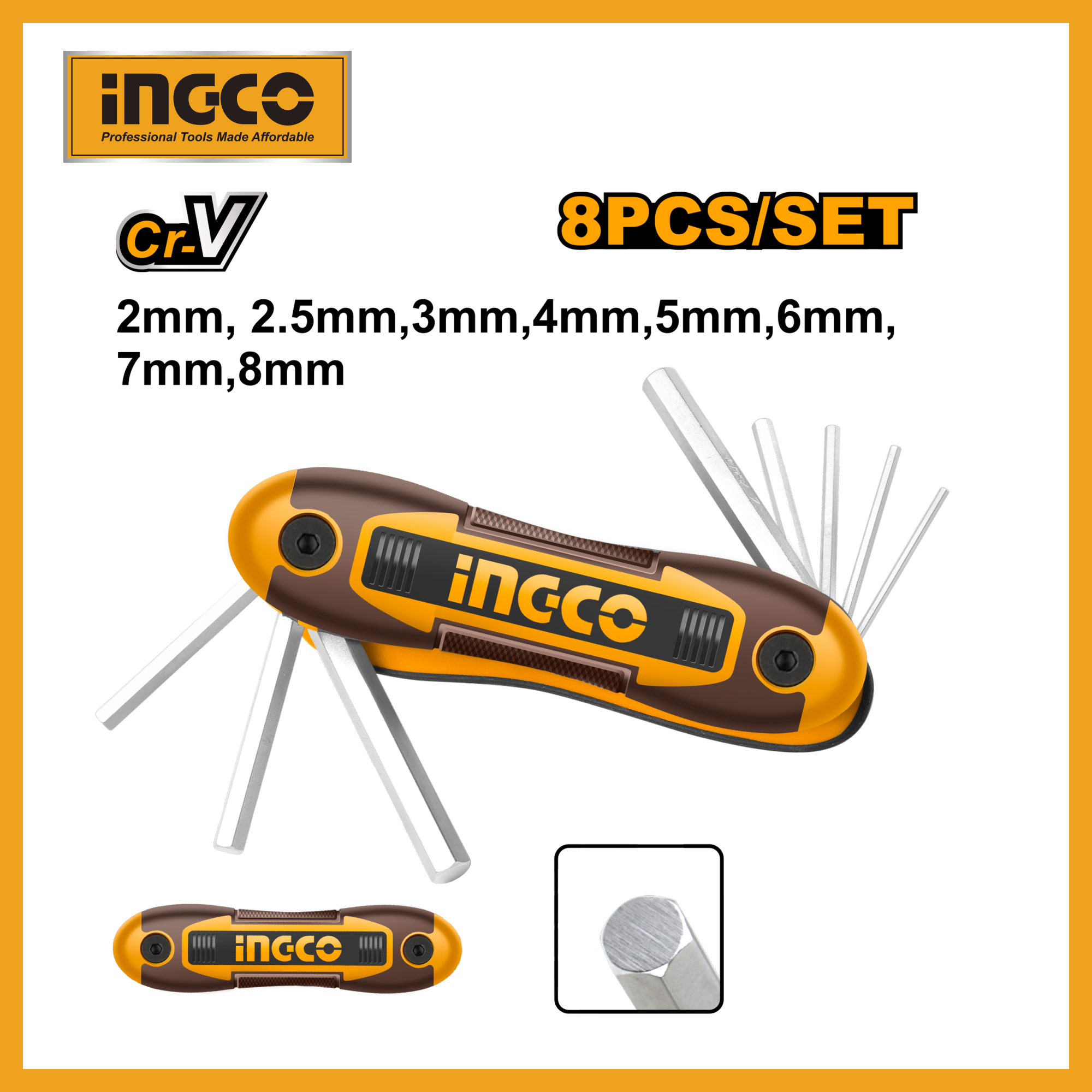 INGCO 8-Piece Precision Hex Key Set, 2mm-8mm, Durable Metal Blades for ...