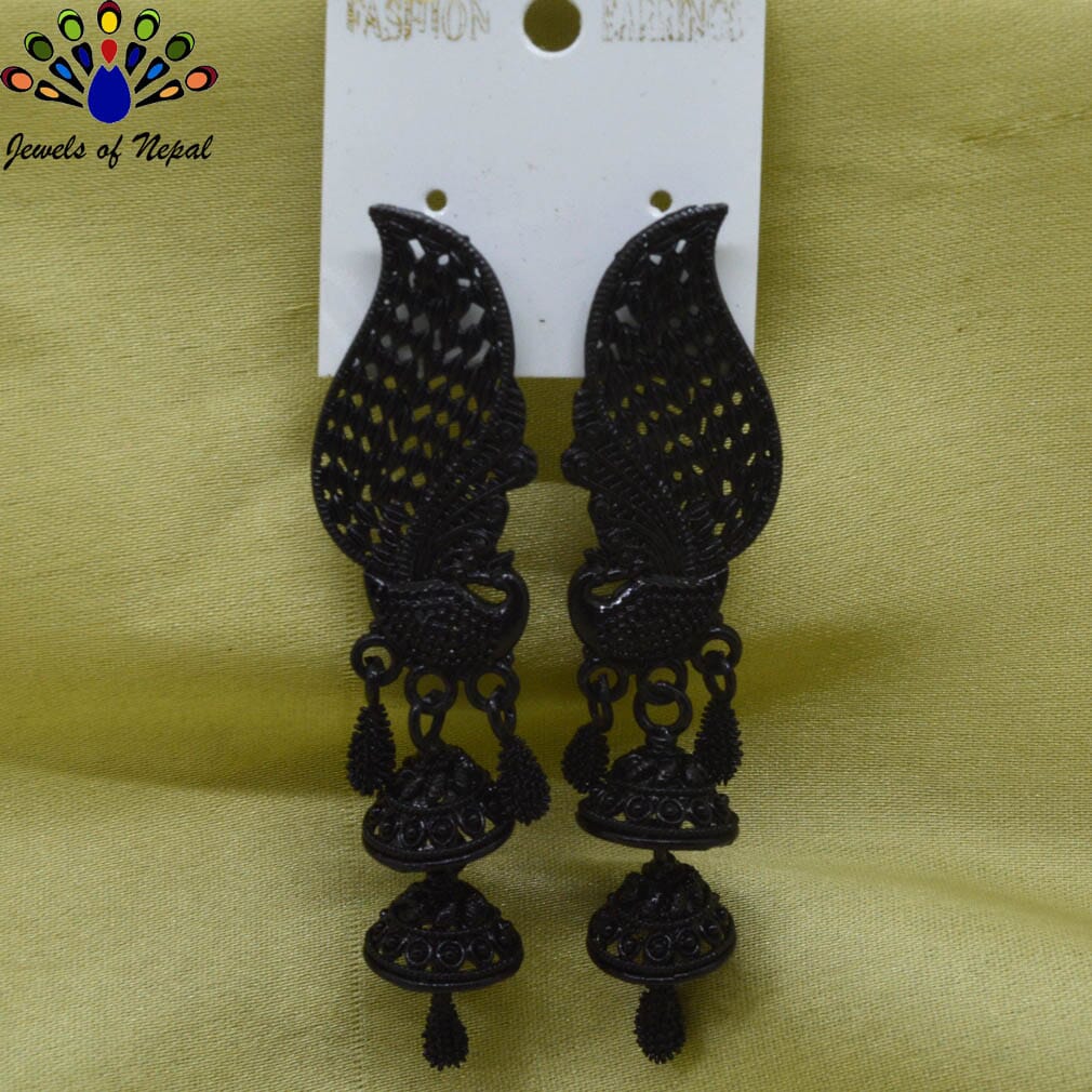 Jewels of Nepal Black Toned Small Peacock Top Pinjada Earrings for ...