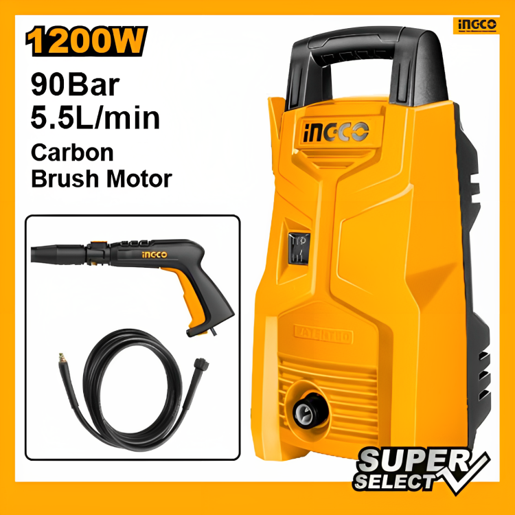 INGCO 1200W High Pressure Washer with Aluminium Wire Motor and Auto Stop System HPWR12008 ...
