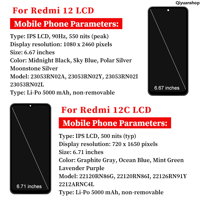 QiyuanshopOriginal Choice ForXiaomi Redmi 12C LCD 22120RN86G Display ...