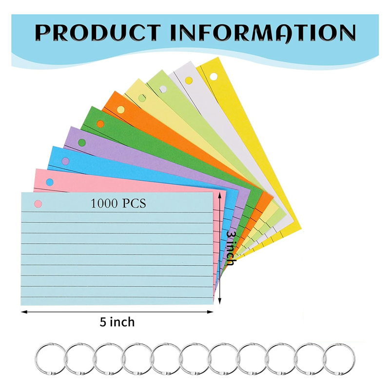 1000 PCS Index Cards Set Kit 3X5 Inches Colored Flash Cards with Ring ...