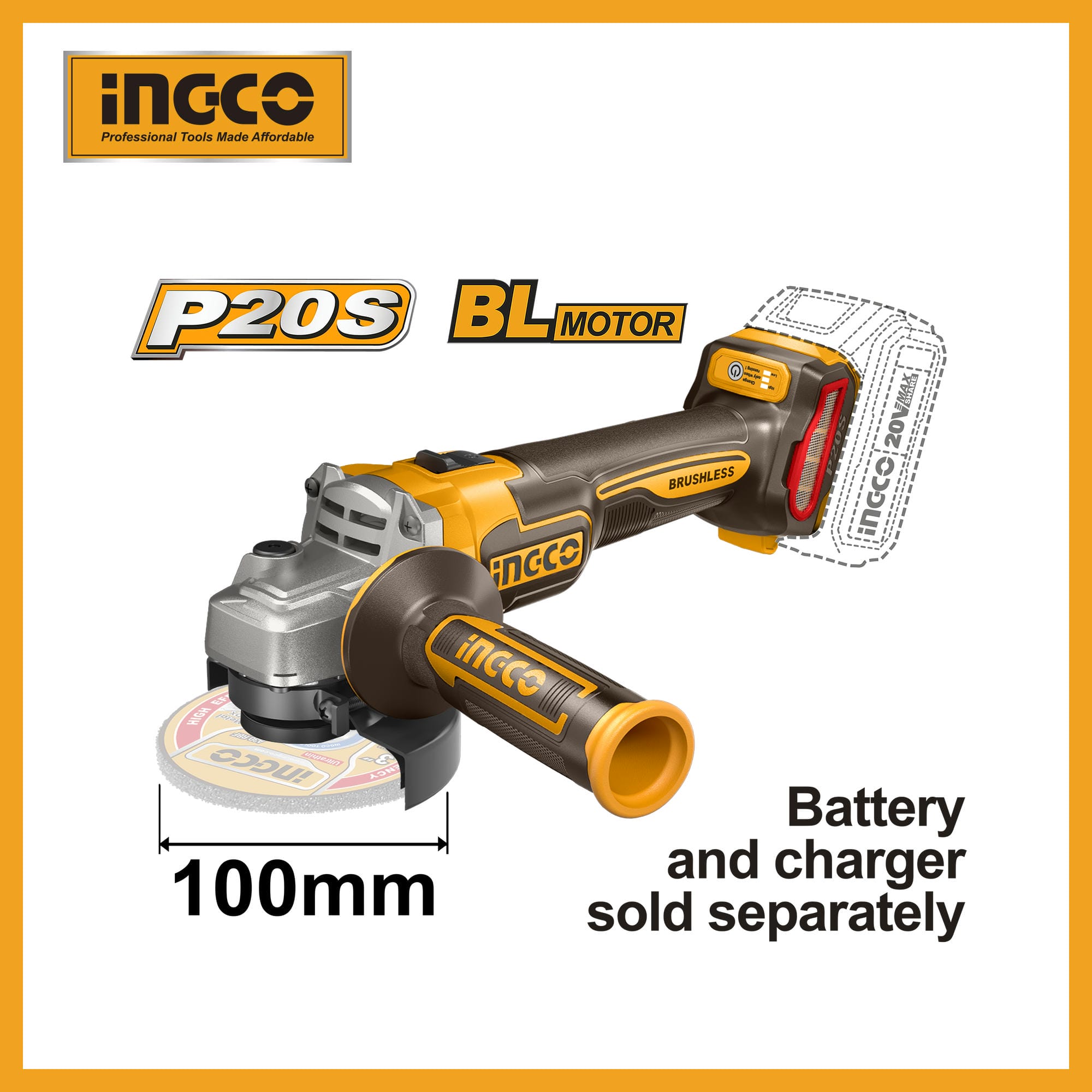 INGCO 20V Brushless Variable Speed Lithium-Ion Brushless Angle Grinder ...