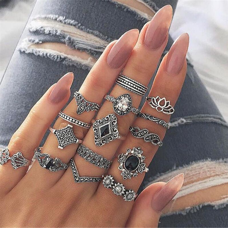 Silver & Gold Vintage Carved Rings Set for Women – 15-22 Pcs with Lotus ...